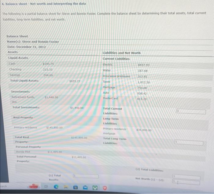 Solved 4. Balance sheet - Net worth and interpreting the | Chegg.com