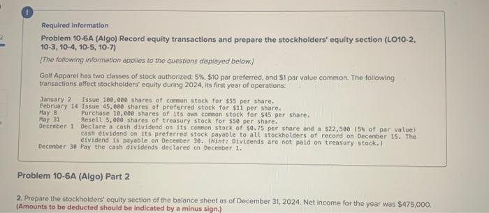Solved Required information Problem 10-6A (Algo) Record | Chegg.com