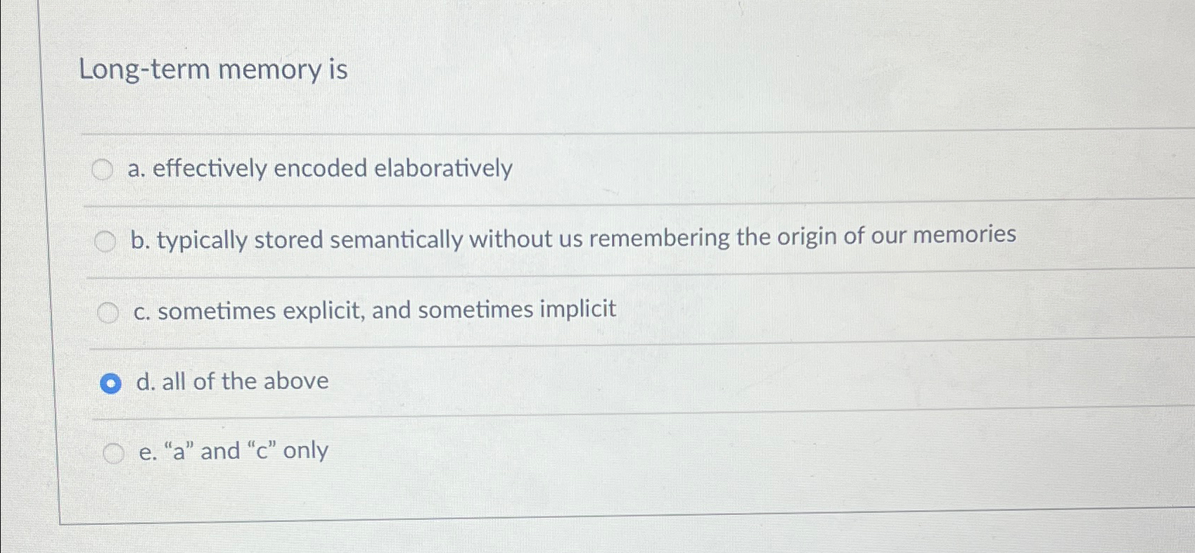 Solved Long-term memory isa. ﻿effectively encoded | Chegg.com