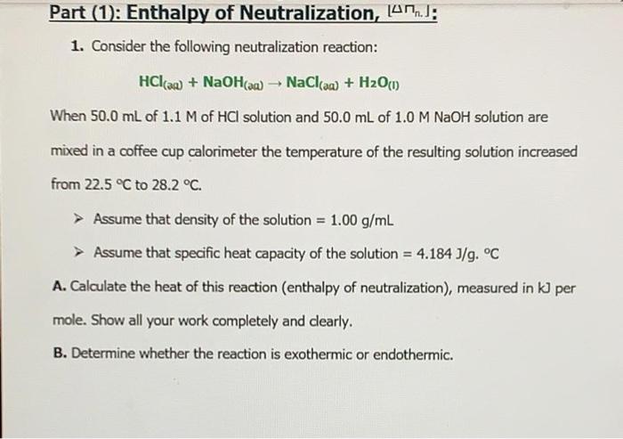Solved Part (1): Enthalpy of Neutralization, Unn.); 1. | Chegg.com
