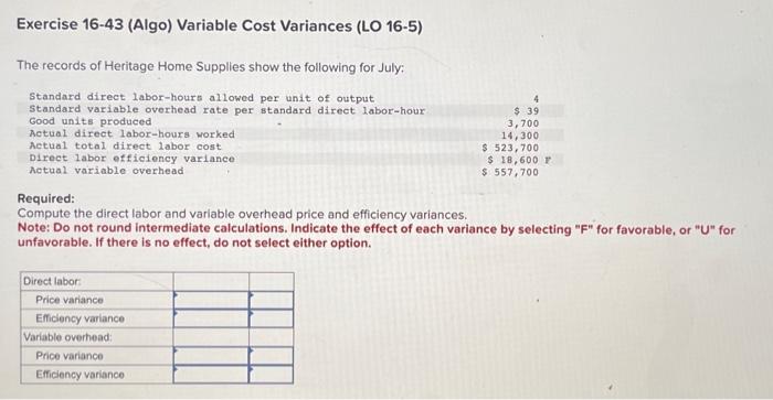 Exercise 16-43 (Algo) Variable Cost Variances (LO | Chegg.com