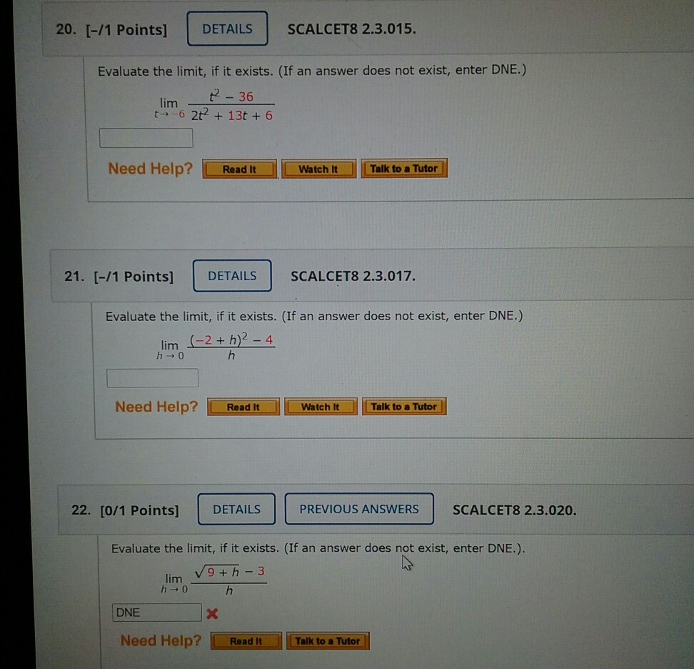 Solved 20. [-/1 Points] DETAILS SCALCET8 2.3.015. Evaluate | Chegg.com