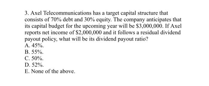 Solved 3. Axel Telecommunications has a target capital | Chegg.com