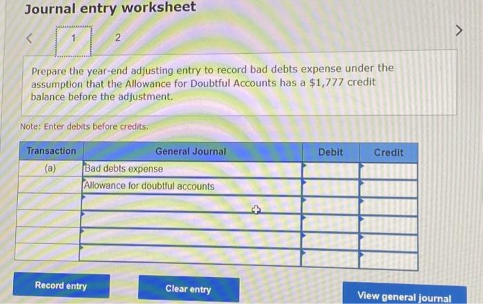 Solved Prepare the year-end adjusting entry to record bad | Chegg.com