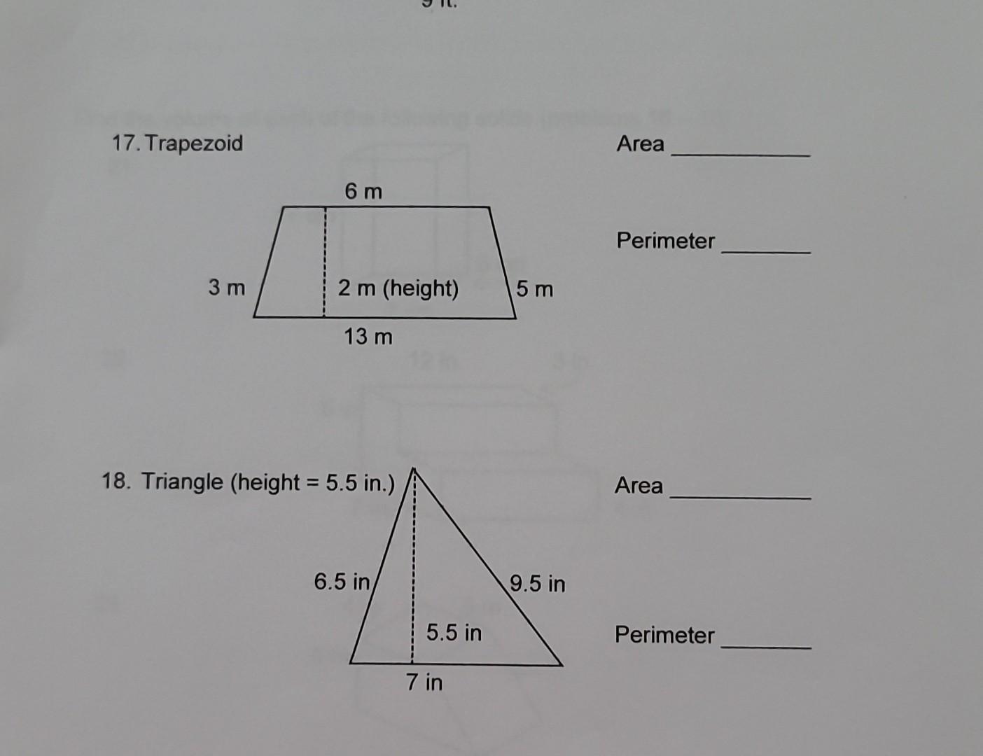 Solved 17. Trapezoid Area Perimeter 18. Triangle (heig Area | Chegg.com