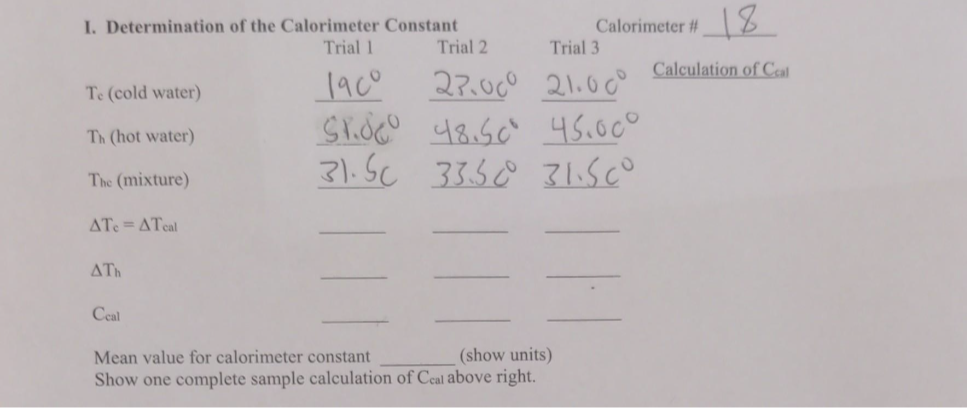 Mean value for calorimeter constant (show units) Show | Chegg.com