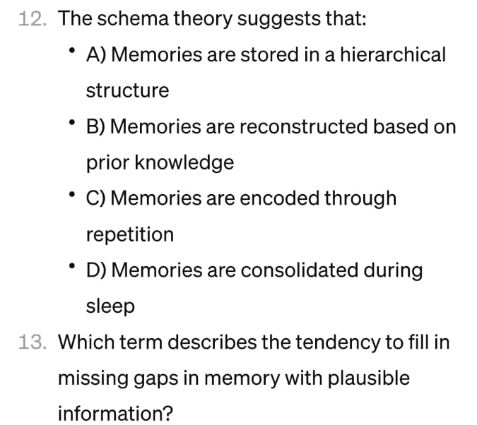 Solved The schema theory suggests that:A) ﻿Memories are | Chegg.com