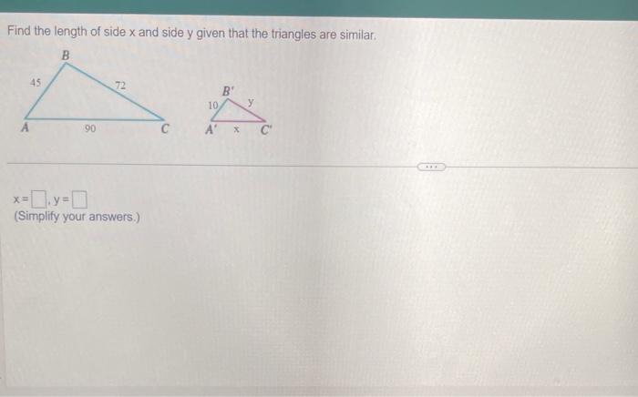 Solved Find the length of side x and side y given that the | Chegg.com