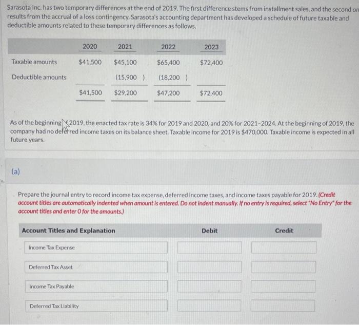 Solved Sarasota Inc. has two temporary differences at the | Chegg.com