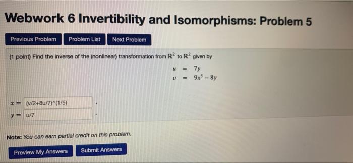 Solved Webwork 6 Invertibility and Isomorphisms: Problem 5 | Chegg.com