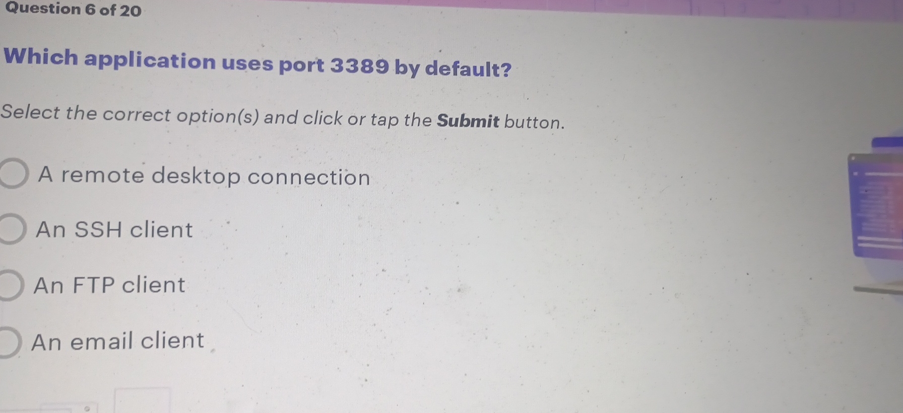 Solved Question 6 ﻿of 20Which application uses port 3389 ﻿by | Chegg.com