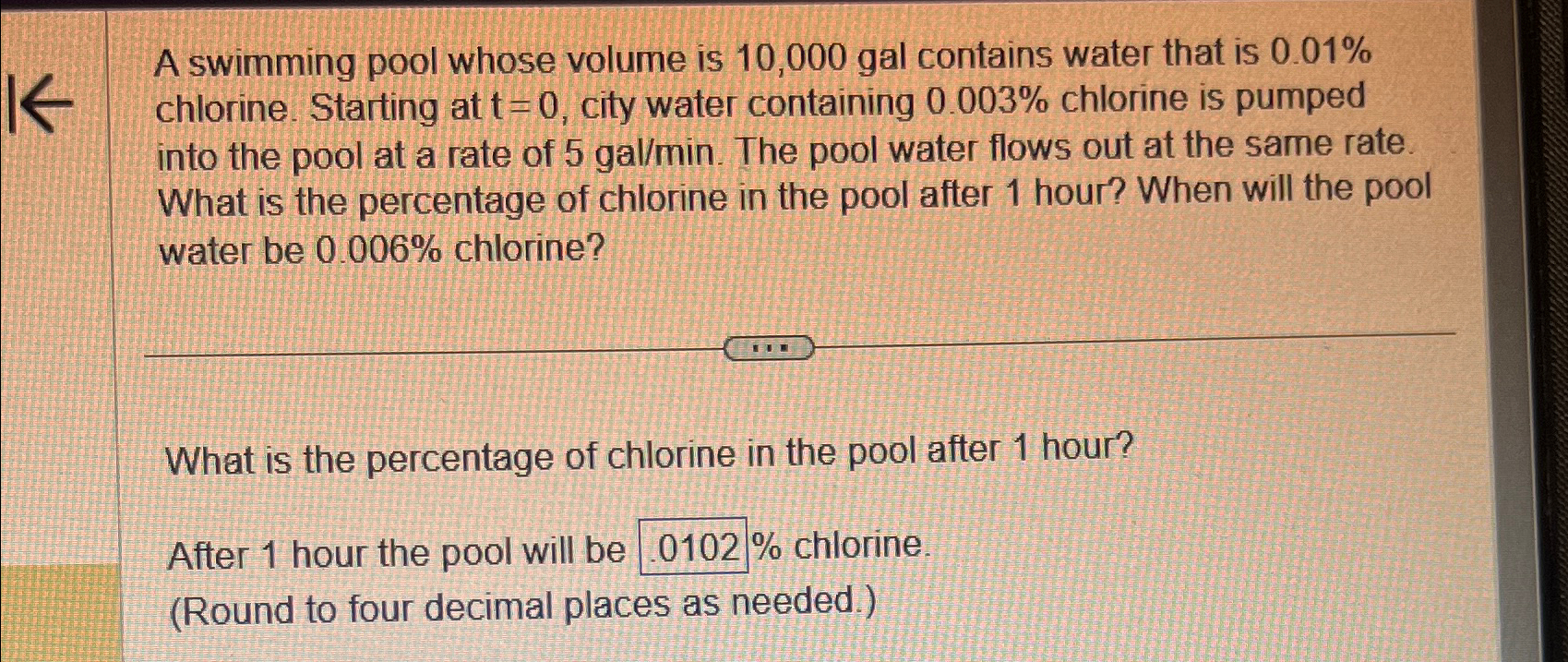 Solved A swimming pool whose volume is 10,000gal contains | Chegg.com