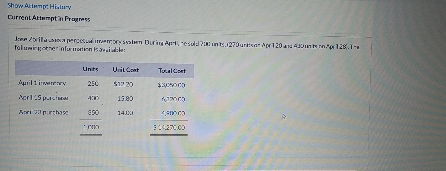 Solved Show Attempt History Current Attempt in Progress Jose | Chegg.com