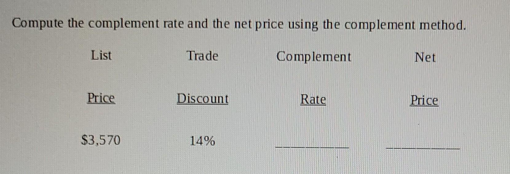 Solved Compute the complement rate and the net price using | Chegg.com