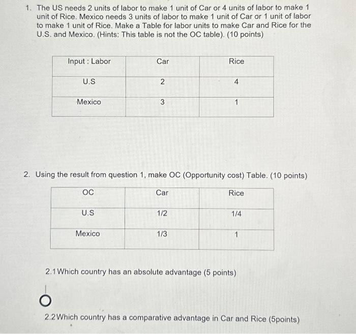 Solved 1. The US needs 2 units of labor to make 1 unit of | Chegg.com