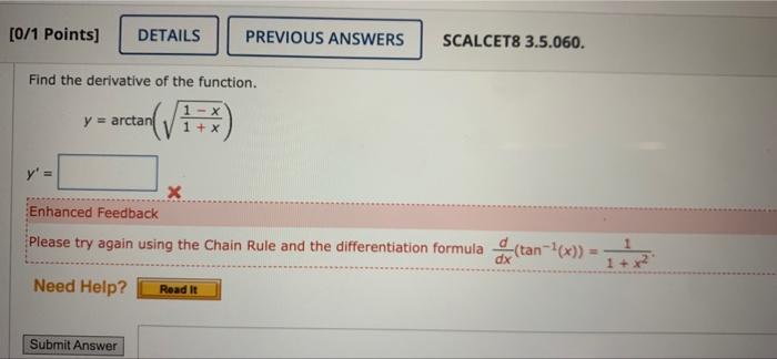 Solved Find the derivative of the function. y=arctan(1+x1−x) | Chegg.com