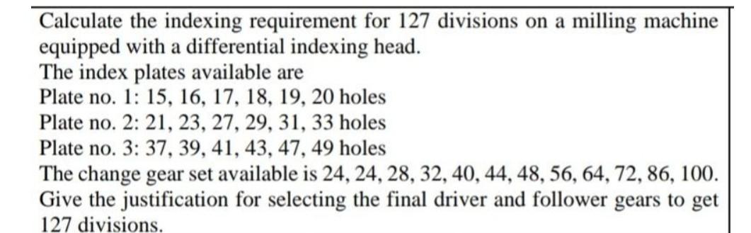 Solved Calculate the indexing requirement for 127 divisions | Chegg.com