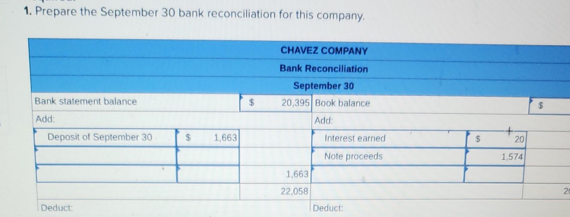 1. Prepare the September 30 bank reconciliation for | Chegg.com