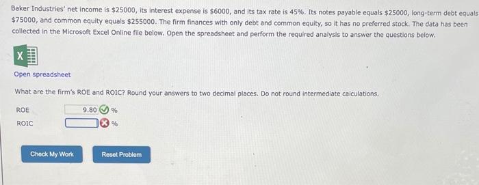 Solved Baker Industries' net income is $25000, its interest | Chegg.com