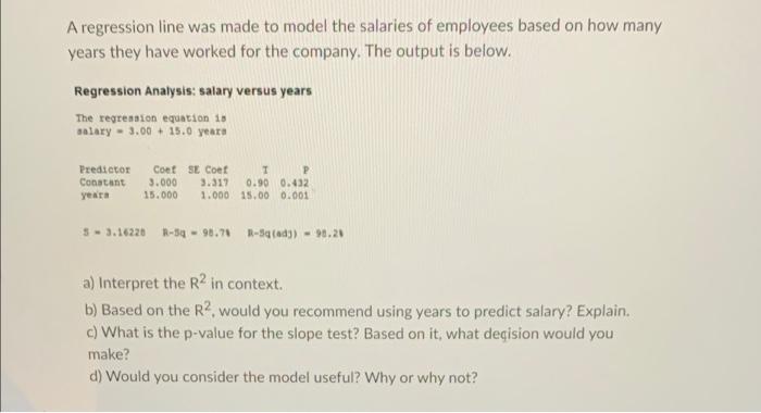Solved A regression line was made to model the salaries of | Chegg.com