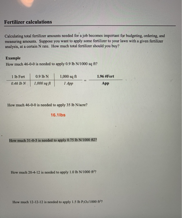 Solved Fertilizer calculations Calculating total fertilizer | Chegg.com