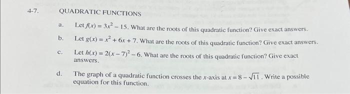 Solved QUADRATIC FUNCTIONS a. Let f(x)=3x2−15. What are the | Chegg.com
