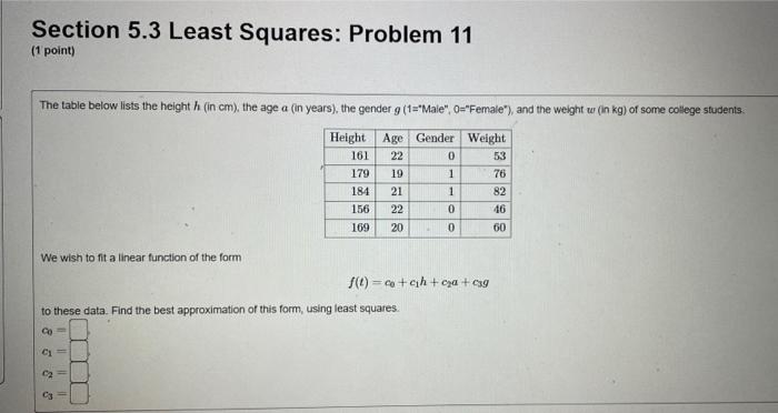 Solved Section 5.3 Least Squares: Problem 11 (1 point) The | Chegg.com