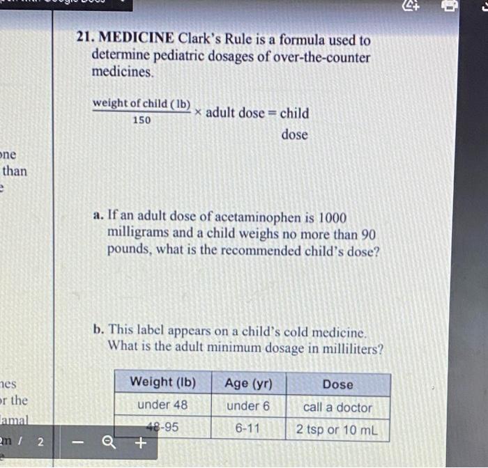 Solved 21. MEDICINE Clark's Rule is a formula used to | Chegg.com