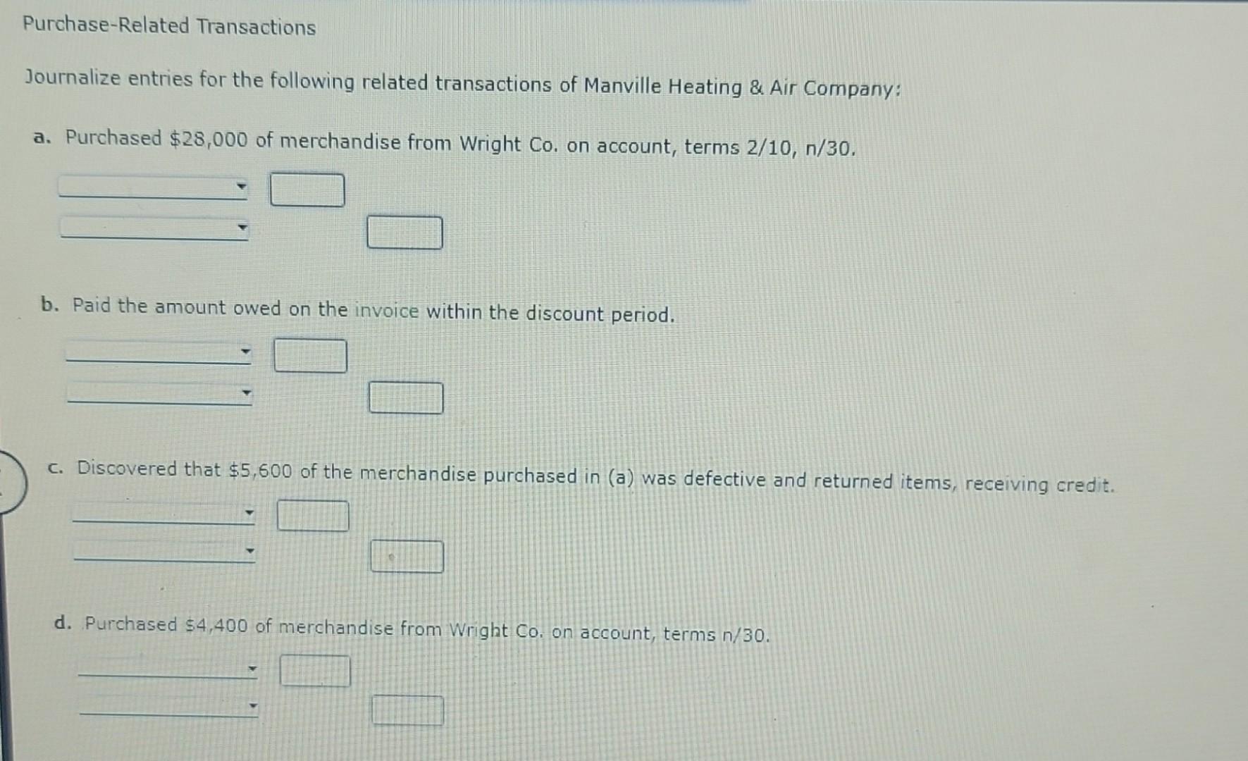 Solved Purchase-Related Transactions Journalize entries for | Chegg.com