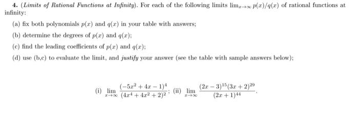 Solved 4. (Limits of Rational Functions at Infinity). For | Chegg.com
