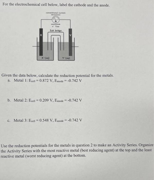 Solved For the electrochemical cell below, label the cathode | Chegg.com