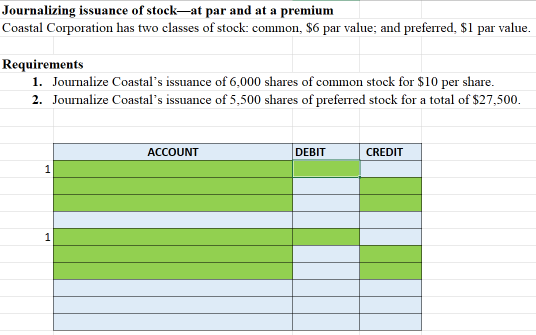Solved Journalizing issuance of stock-at par and at a | Chegg.com