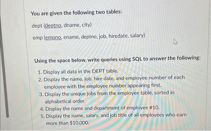 You are given the following two tables: dept (deptno, | Chegg.com