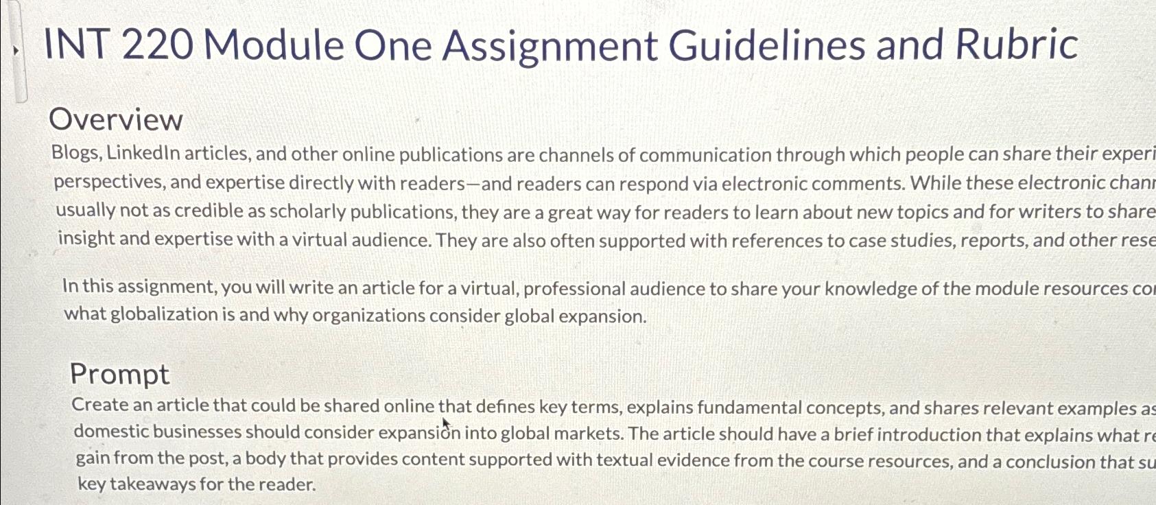 Solved INT 220 Module One Assignment Guidelines and | Chegg.com Solved INT 220 Module One Assignment Guidelines and | Chegg.com