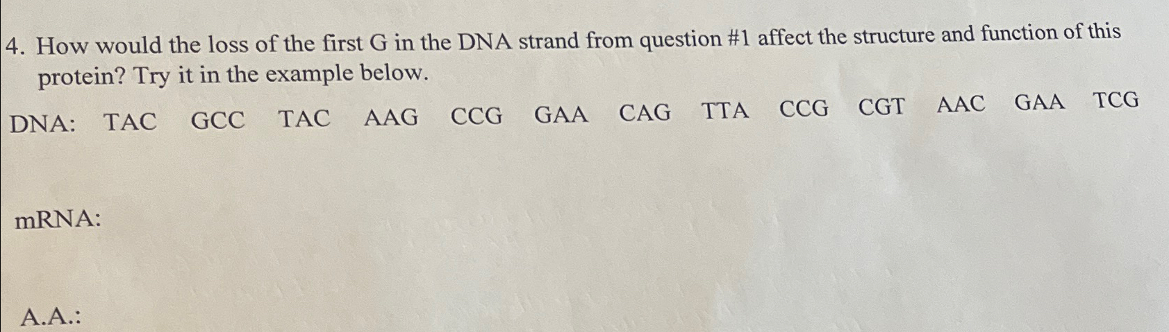 Solved How would the loss of the first G ﻿in the DNA strand | Chegg.com