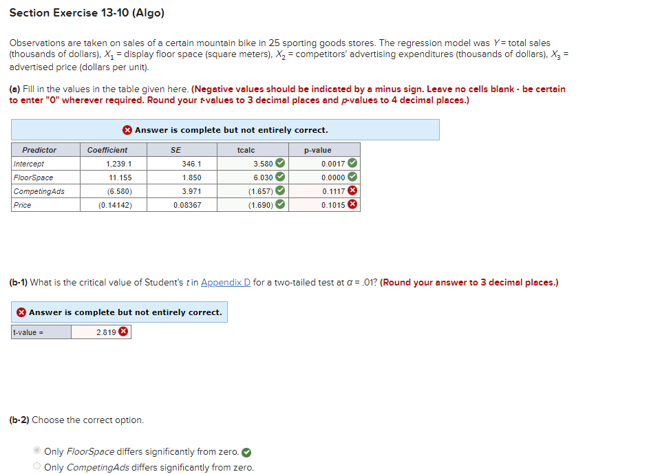 Solved Section Exercise 13-10 (Algo)Observations are taken | Chegg.com