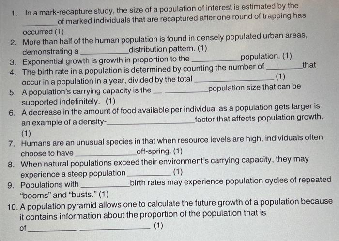Solved 1. In a mark-recapture study, the size of a | Chegg.com