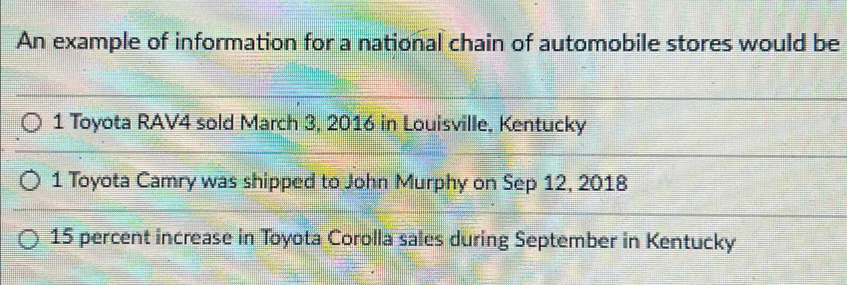 Solved An example of information for a national chain of | Chegg.com