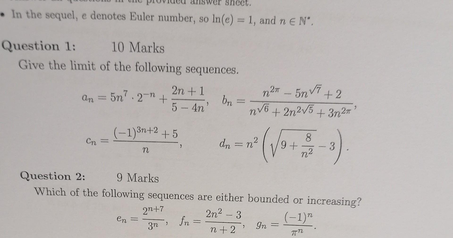 Solved - In the sequel, e denotes Euler number, so ln(e)=1, | Chegg.com