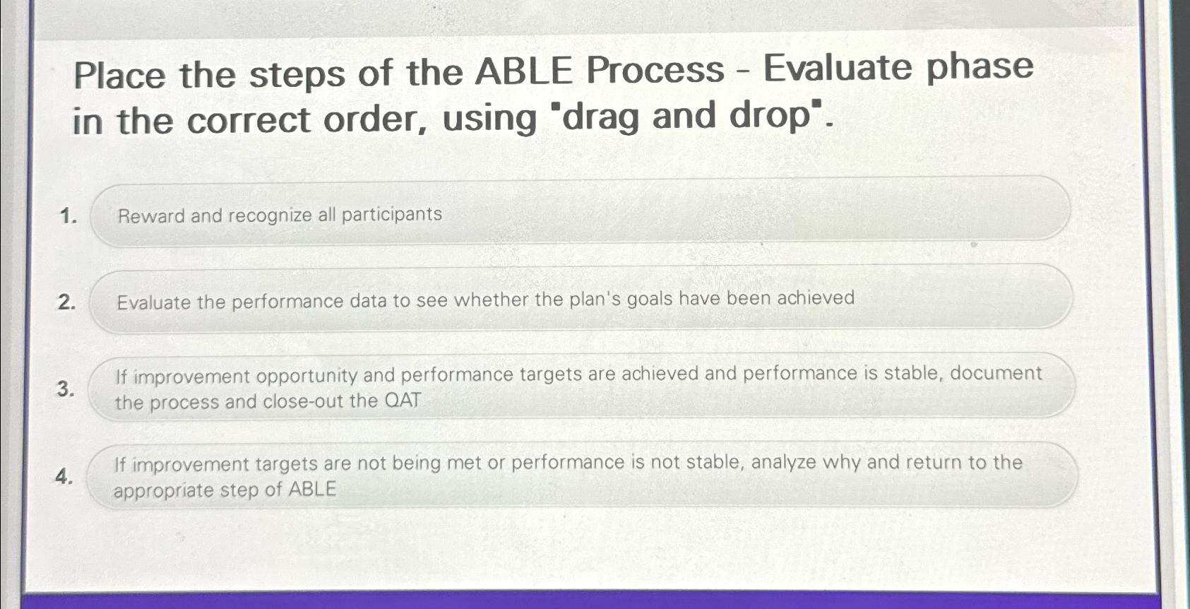 Solved Place the steps of the ABLE Process - ﻿Evaluate phase | Chegg.com