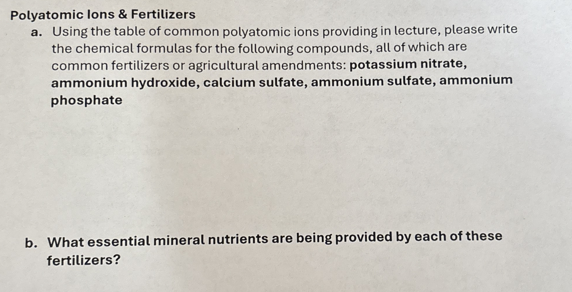 Solved Polyatomic Ions & Fertilizersa. ﻿Using the table of | Chegg.com