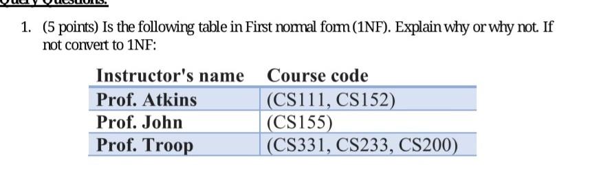 Solved 1. (5 points) Is the following table in First normal | Chegg.com
