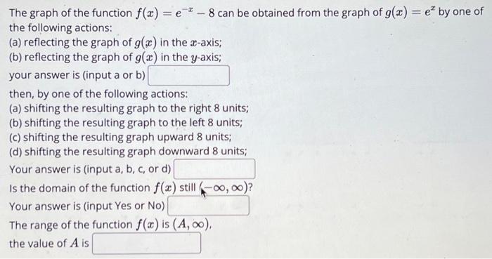 Solved The graph of the function f(x)=e−x−8 can be obtained | Chegg.com