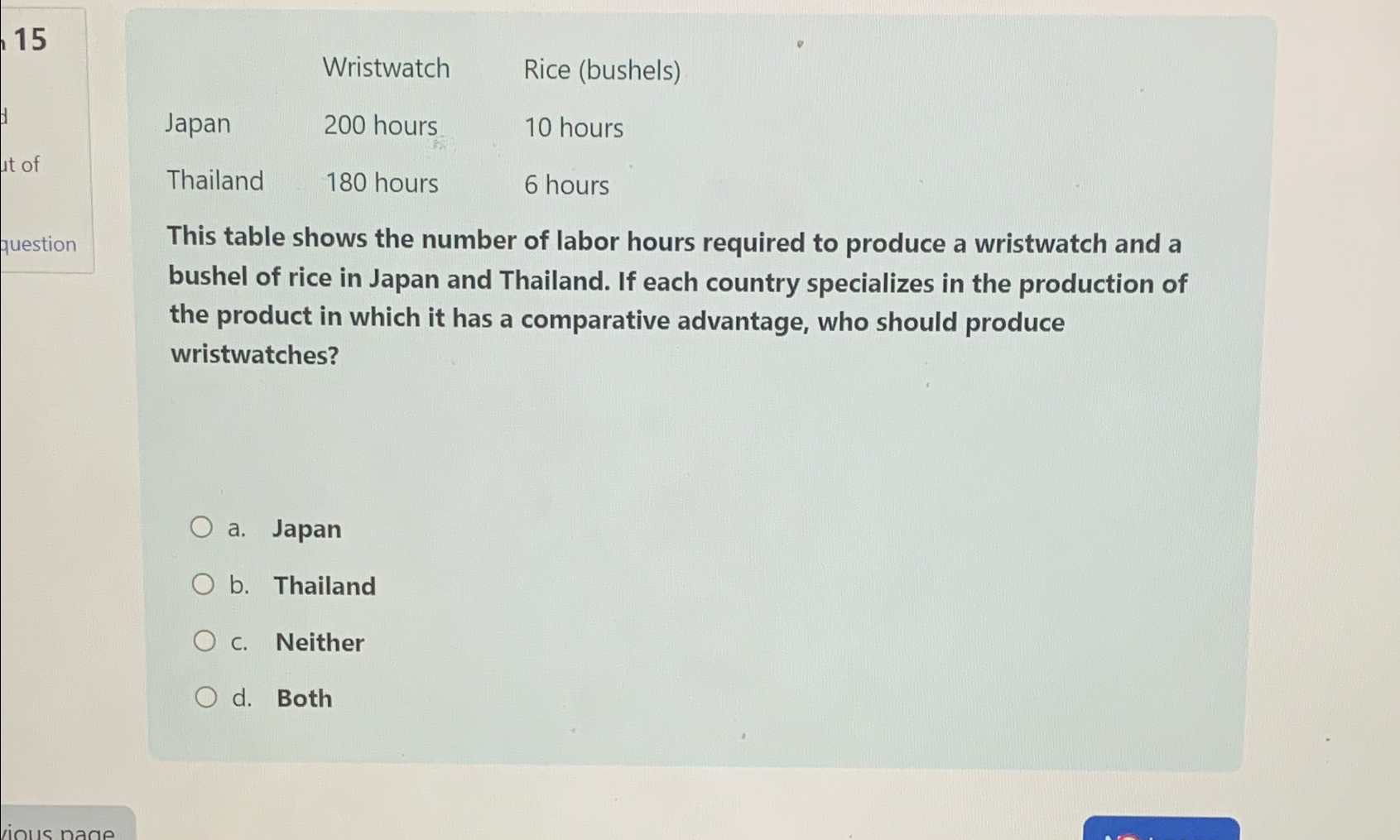 Solved 15\table[[,Wristwatch,Rice (bushels)],[Japan,200 | Chegg.com