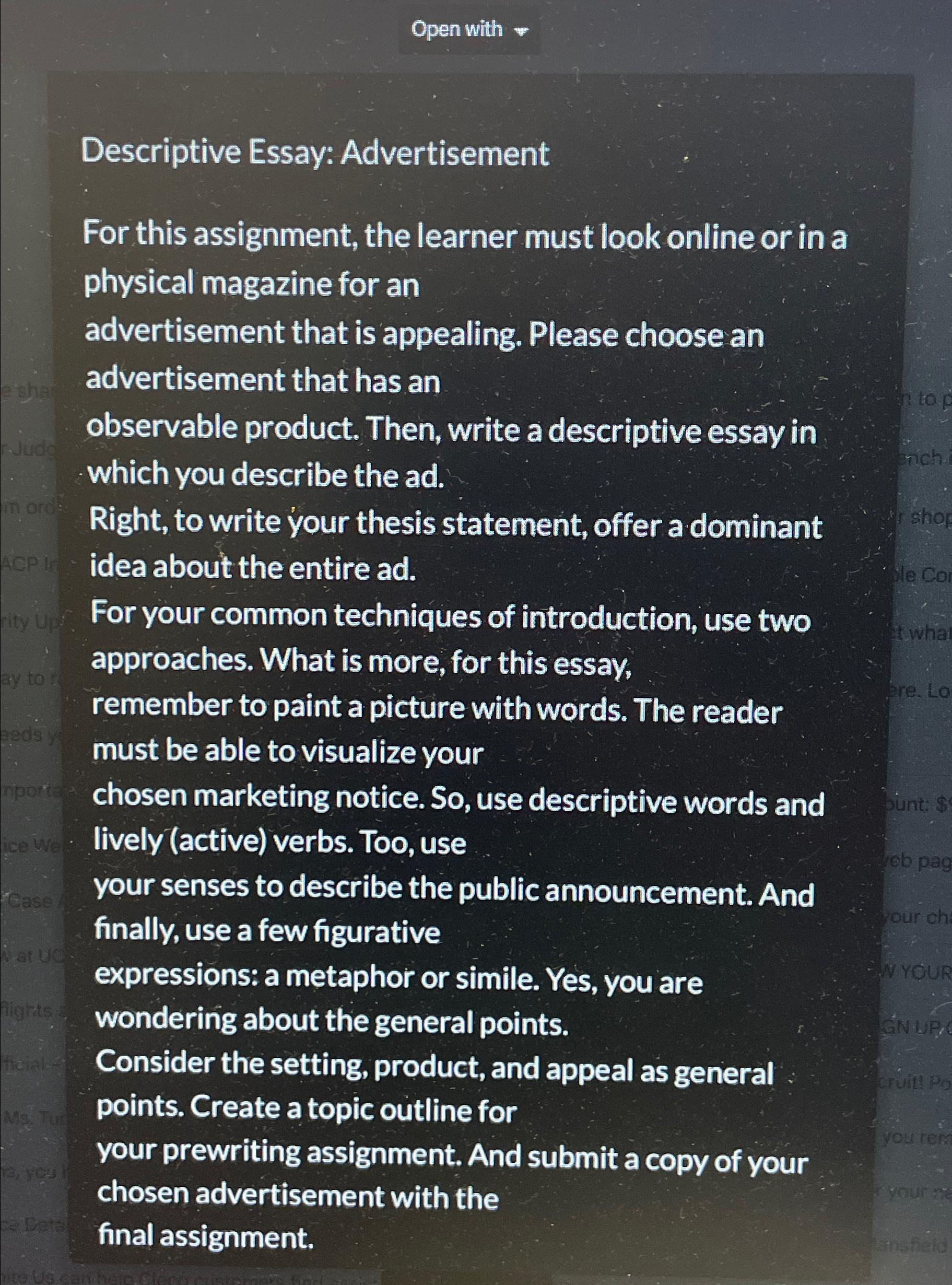 Solved Descriptive Essay: AdvertisementFor this assignment, | Chegg.com