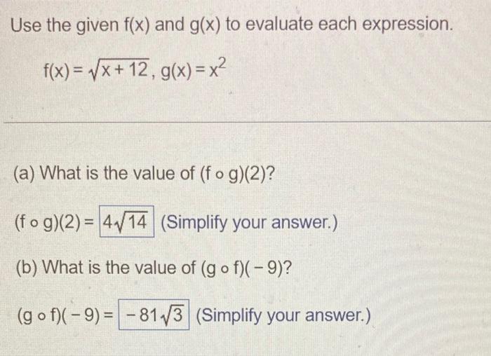 Solved Use the given f(x) and g(x) to evaluate each | Chegg.com