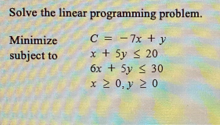 Solved Solve the linear programming problem. Minimize | Chegg.com