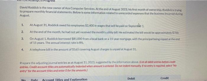 Solved David Roddick is the new owner of Ace Computer | Chegg.com