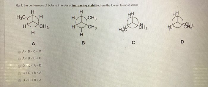 Solved Rank the conformers of butane in order of increasing | Chegg.com