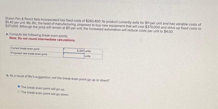 Solved Shawn Pen \& Pencil Sets incorporated has fixed costs | Chegg.com